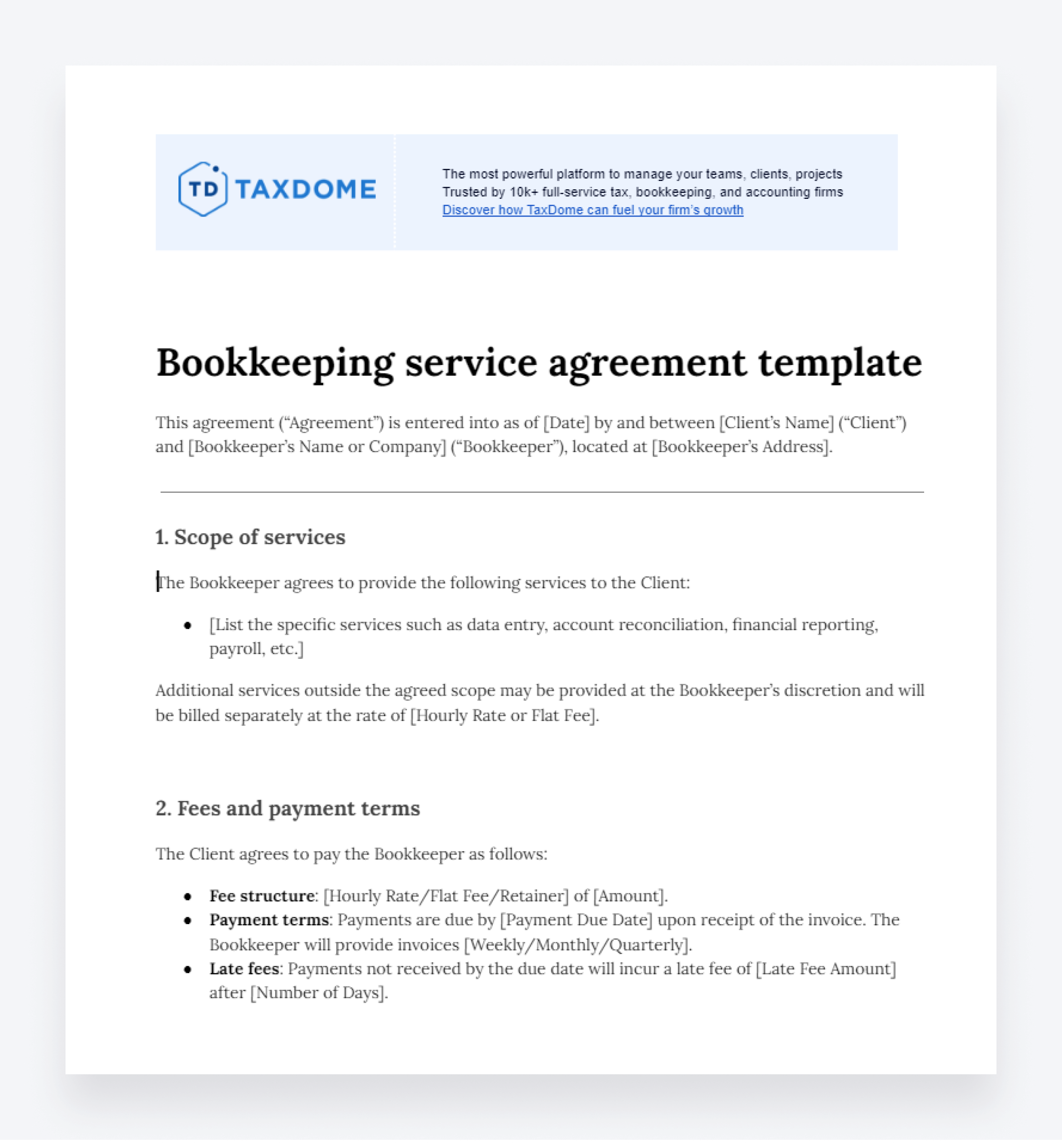 Free bookkeeping service agreement template: key elements and common ...